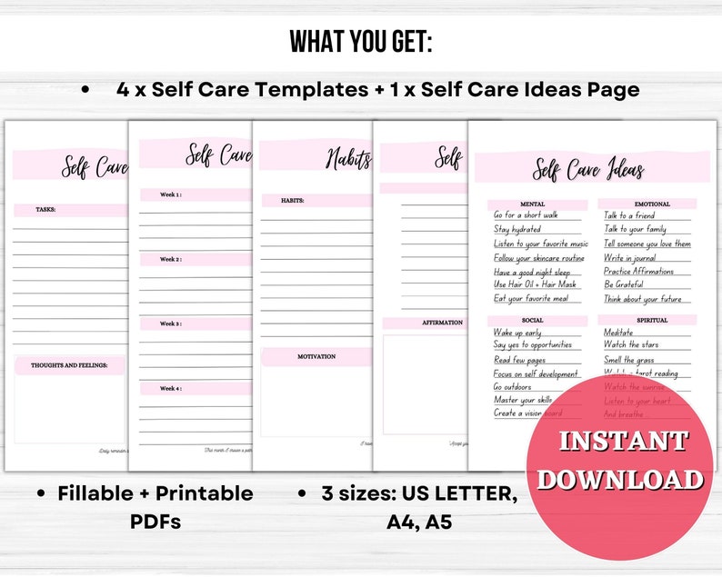 Printable Self Care Checklist Bundle, Digital Self Care Journal for ...
