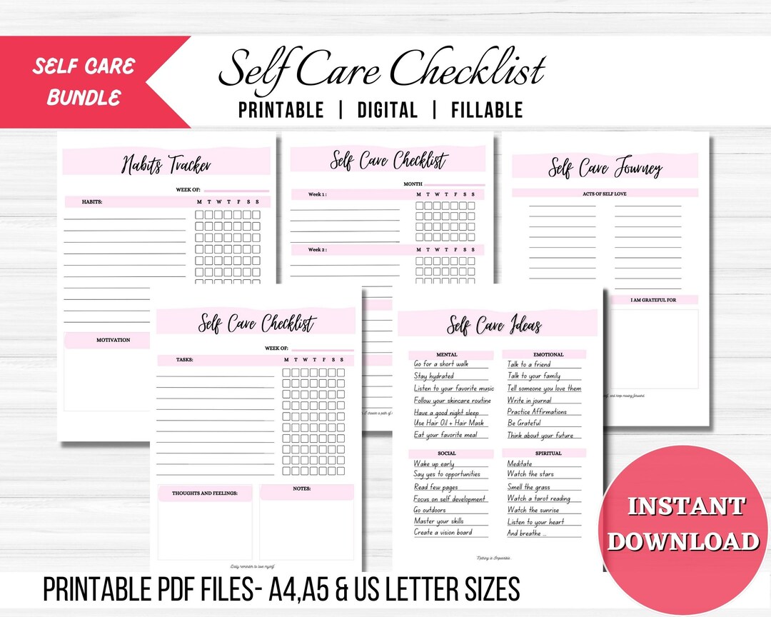Printable Self Care Checklist Bundle, Digital Self Care Journal for ...