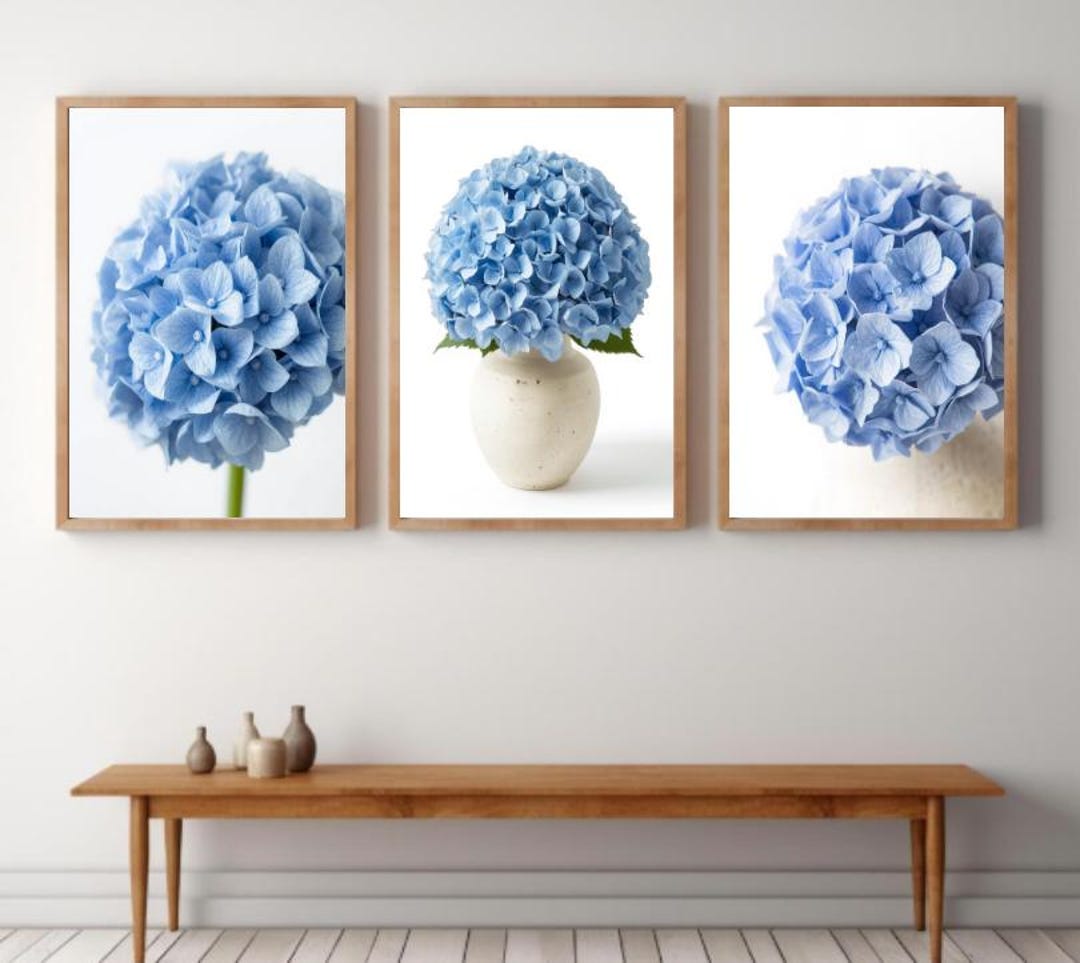 Blue Hydrangea Print Set | Minimalist Botanical Wall Art - Etsy