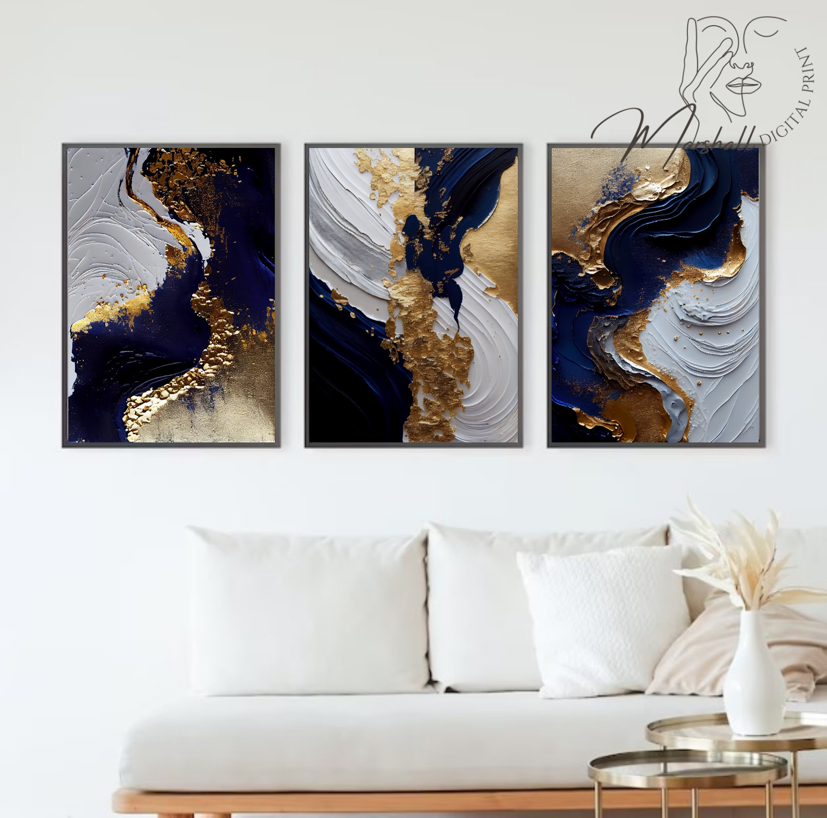 Blue Abstract Wall Art, Set of 3 Prints, Blue Prints, Brush Stroke Art ...