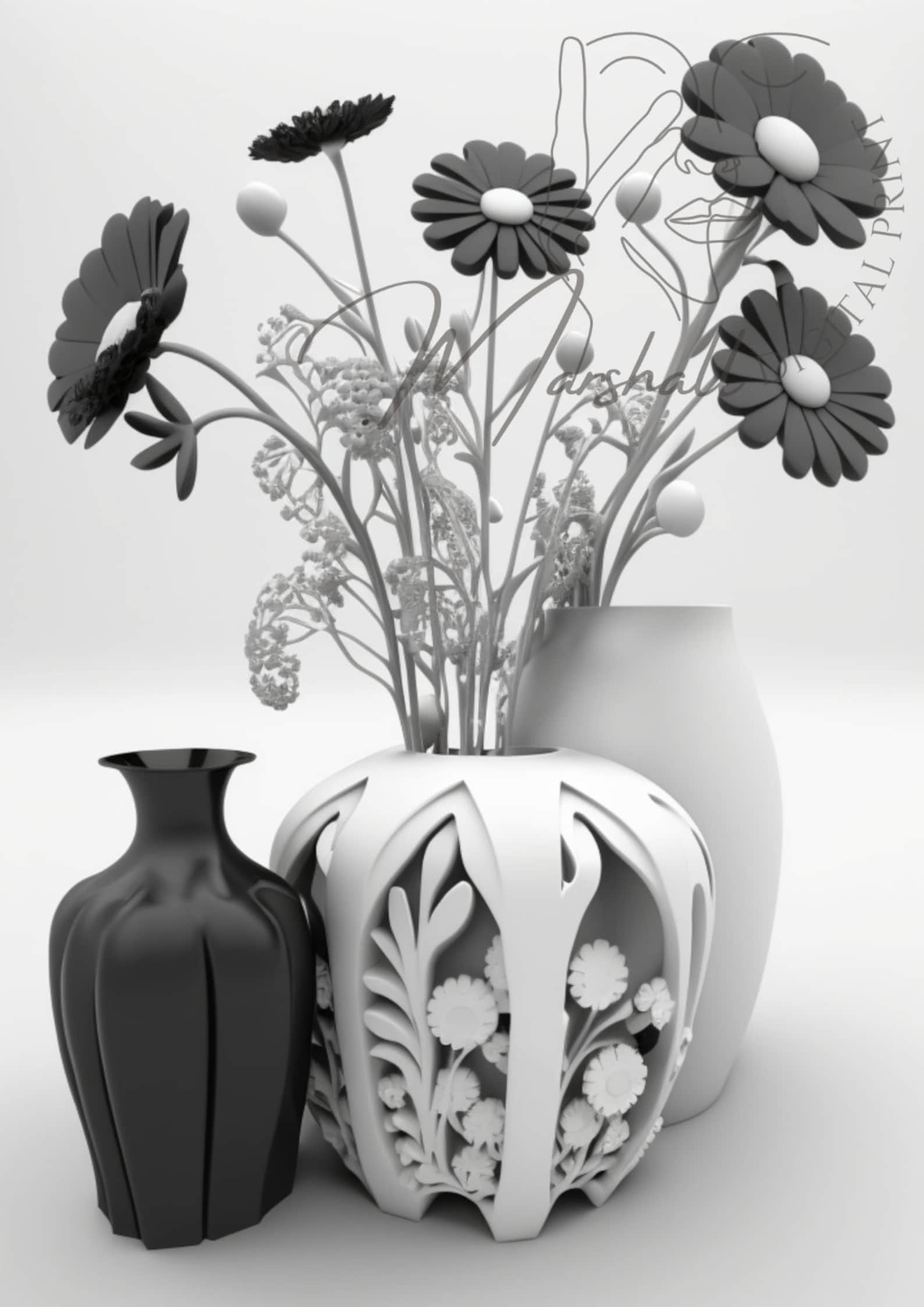 Black and White Flower Prints, Set of 3, Abstract Flowers, Wall Decor ...