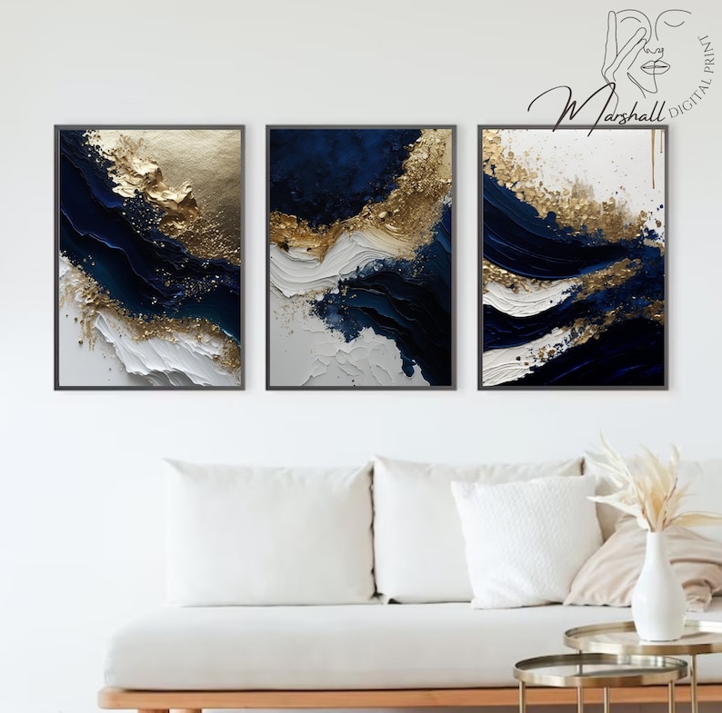 Blue Abstract Wall Art Set of 3 Prints Blue Prints Brush - Etsy