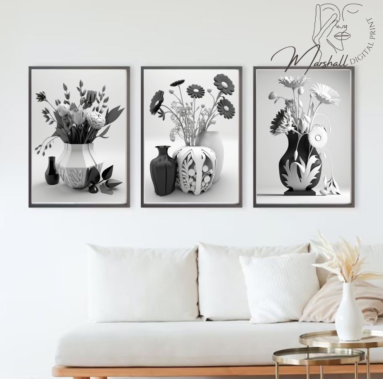 Black and White Flower Prints, Set of 3, Abstract Flowers, Wall Decor ...