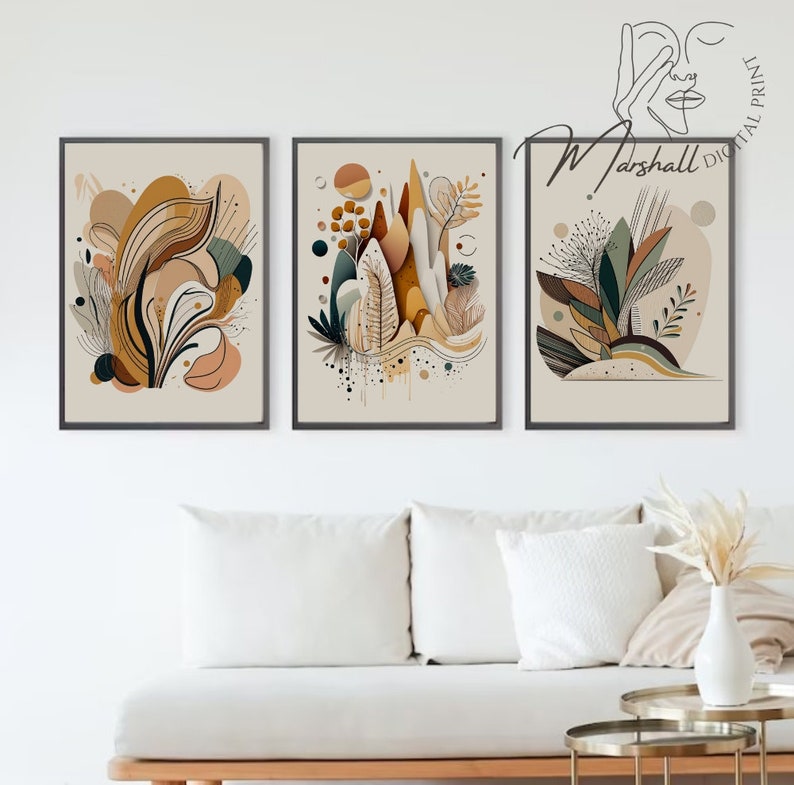 Boho Abstract Wall Art Prints, Boho Wall Decor, Set of 3 Prints, Scandi Art, Black, Beige, Green ...