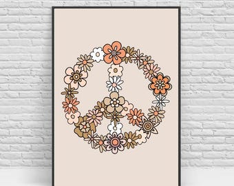 Retro Daisy Peace Sign Digital Print, Daisy Nursery Decor, Neutral ...