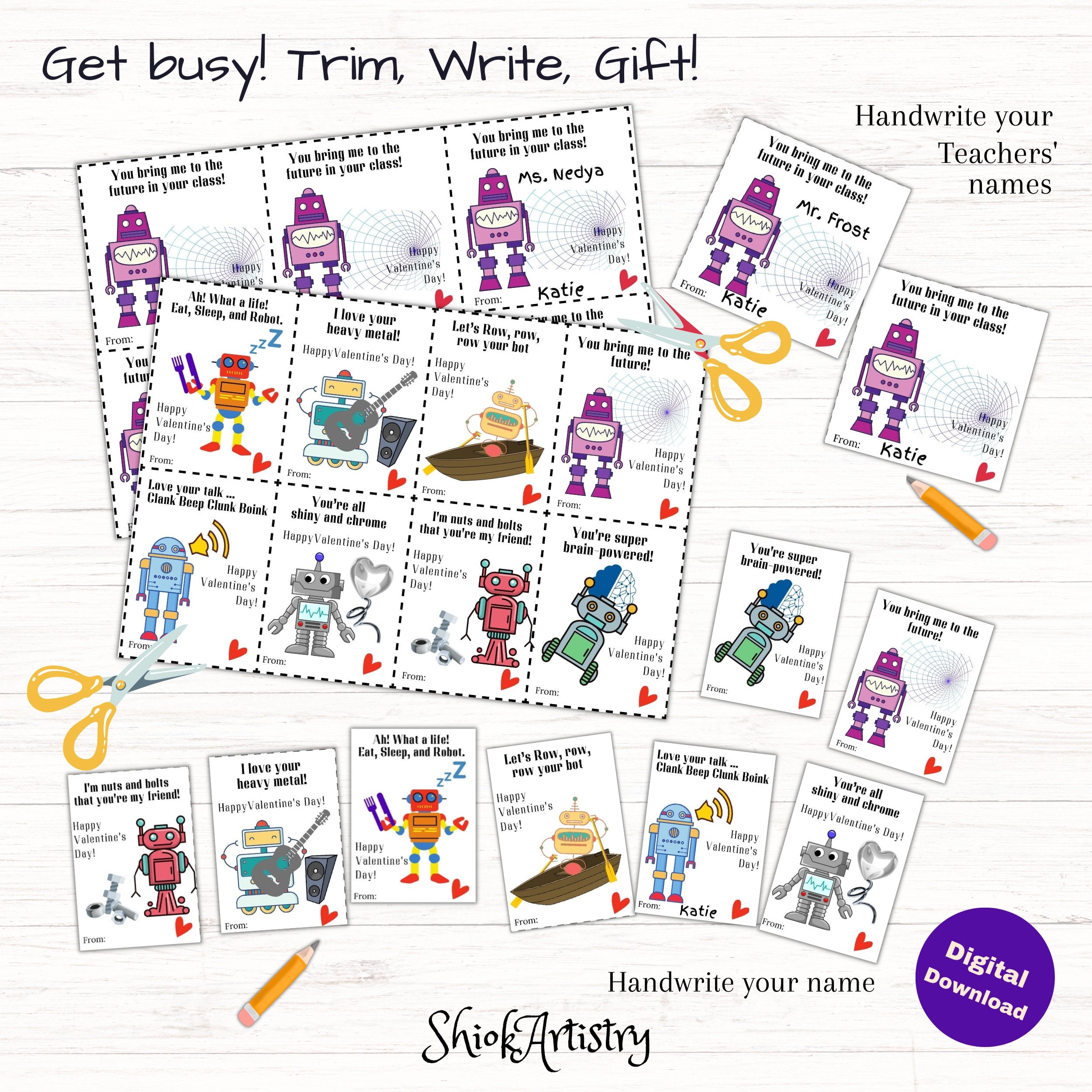 Printable Robot Valentine Cards, Classroom Android Cards for Kids, Gift ...