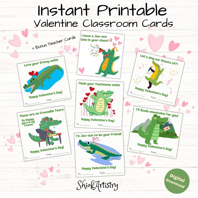 Printable Alligator Valentine Cards, Classroom Valentine Cards for Kids ...