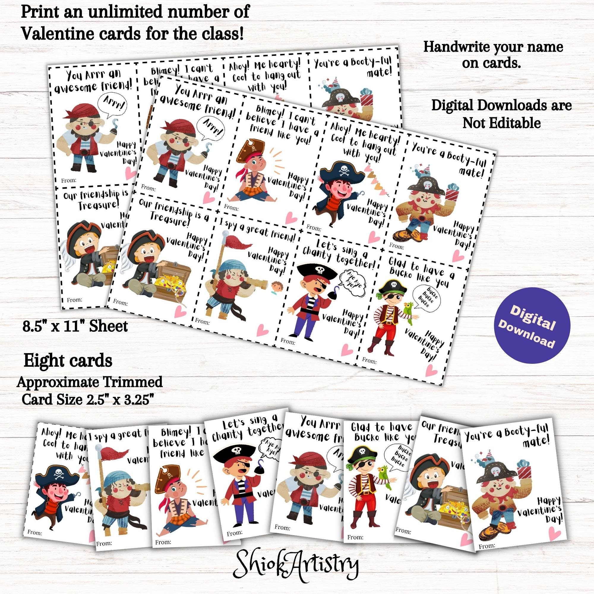 Printable Pirate Valentine Cards, Kids Classroom Pirate Cards , Gift ...