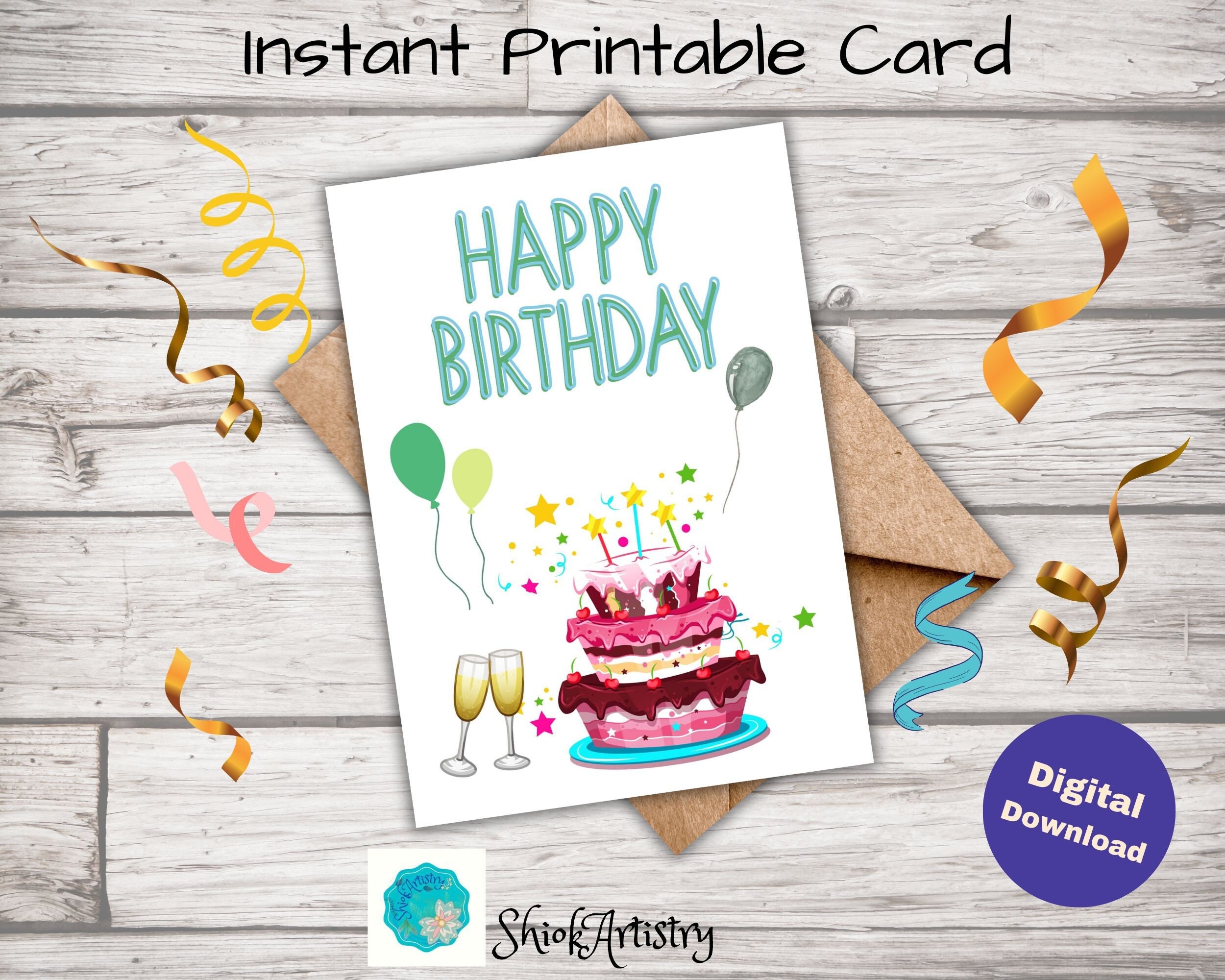 Happy Birthday Printable Greeting Card, Instant Downloads, Cake Designs ...