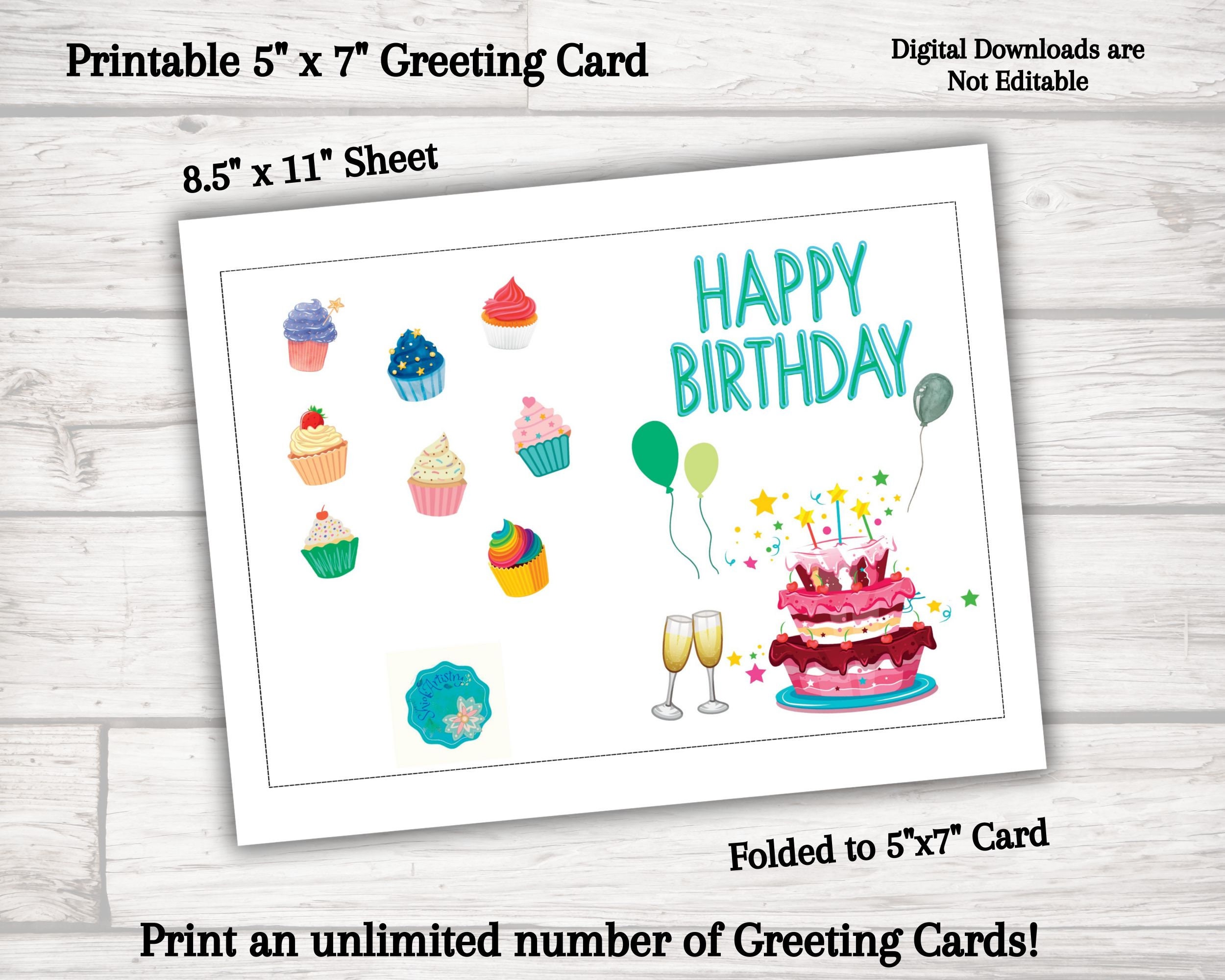 Happy Birthday Printable Greeting Card, Instant Downloads, Cake Designs ...