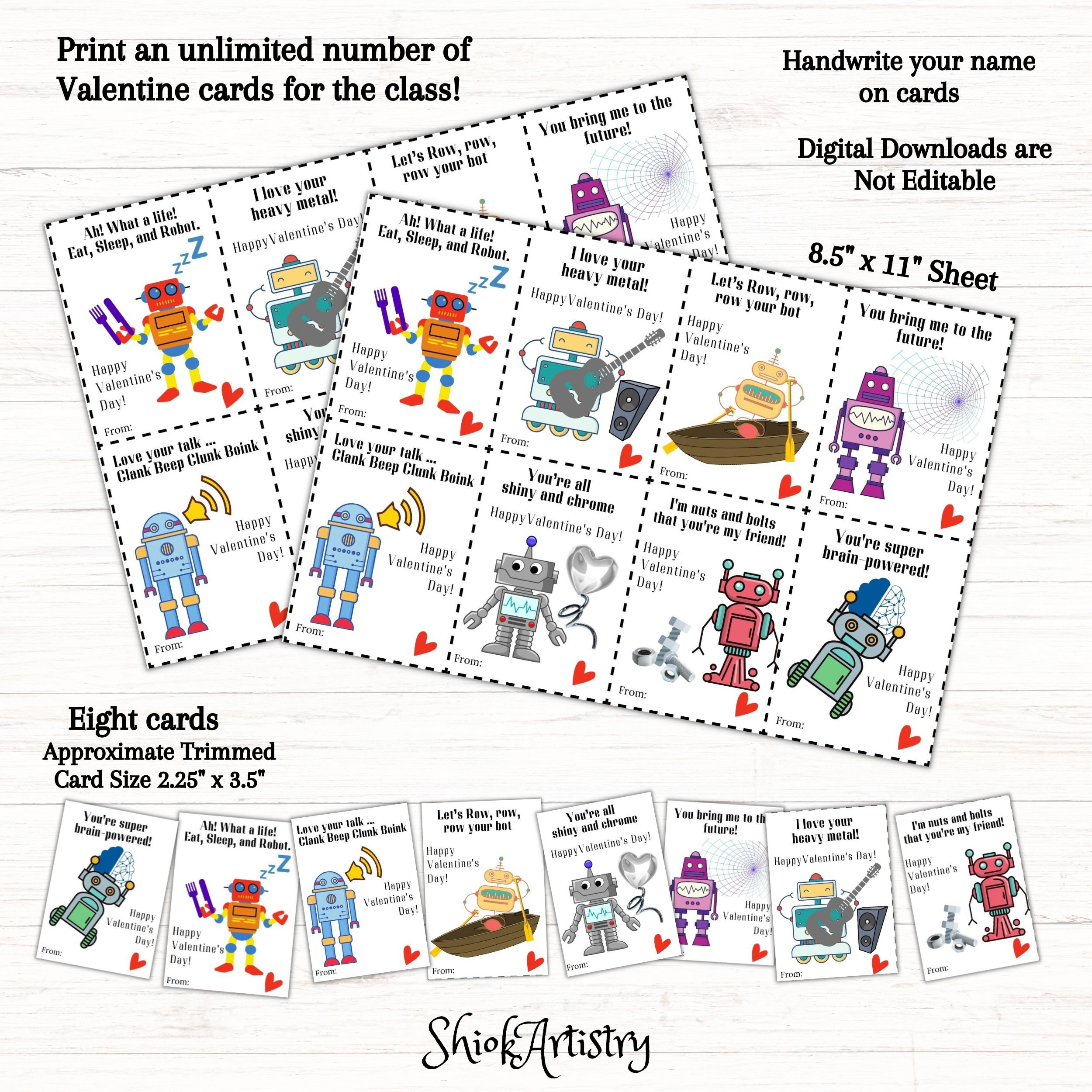 Printable Robot Valentine Cards, Classroom Android Cards for Kids, Gift ...
