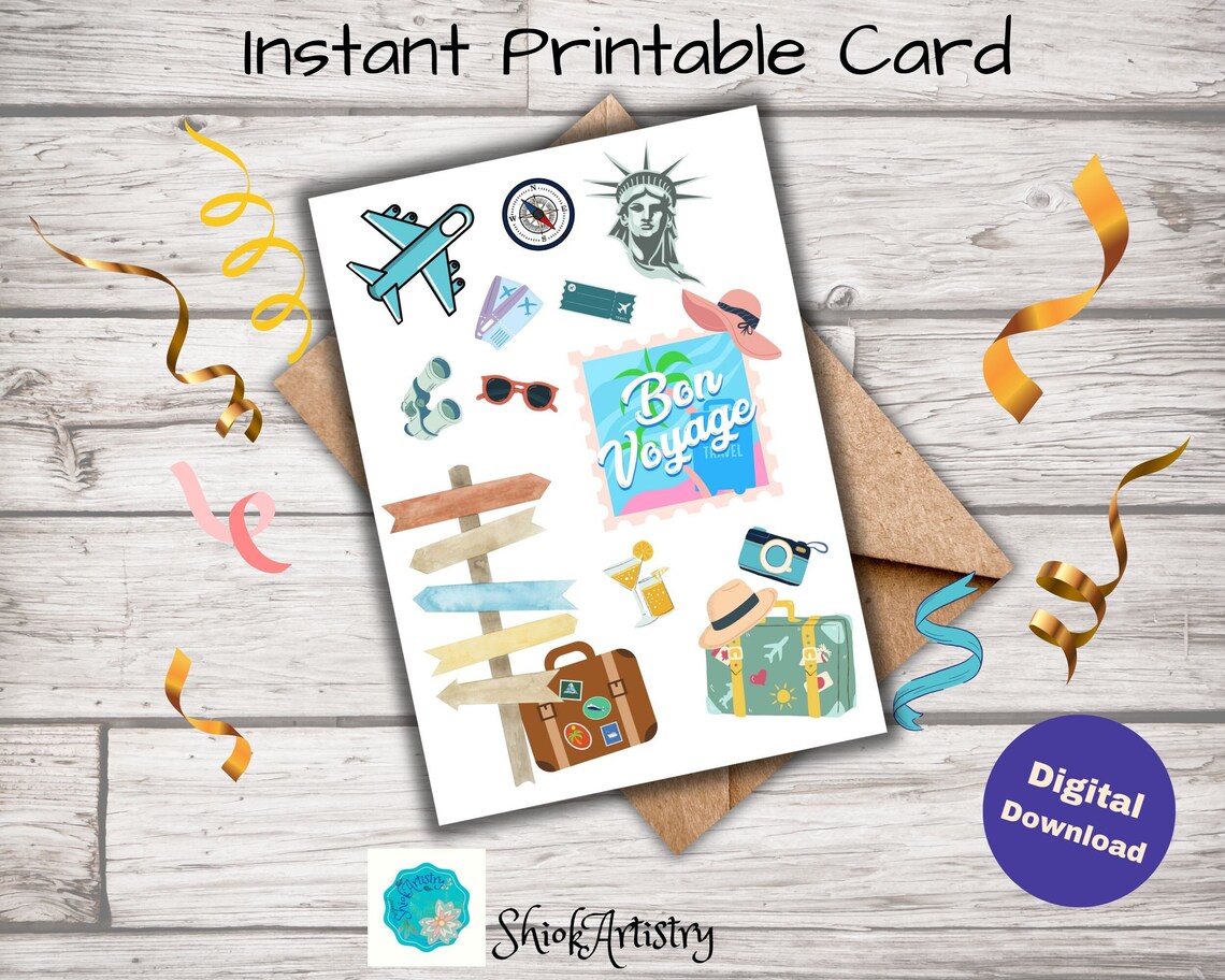 Bon Voyage Printable Greeting Card, Instant Downloads, Travel Designs ...