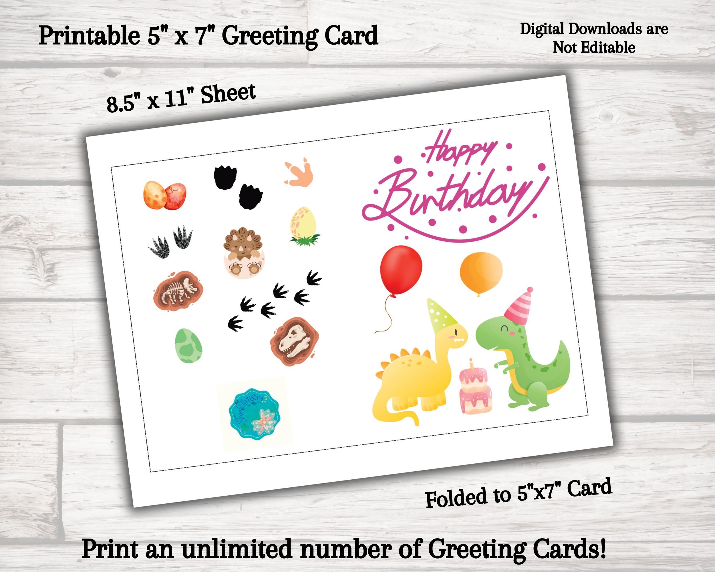 Happy Birthday Printable Greeting Card, Instant Downloads, Dinosaur ...