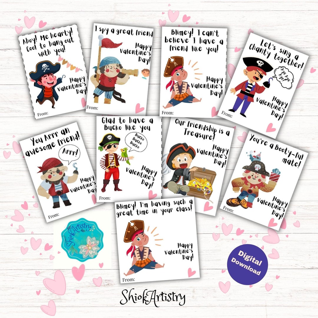 Printable Pirate Valentine Cards, Kids Classroom Pirate Cards , Gift ...