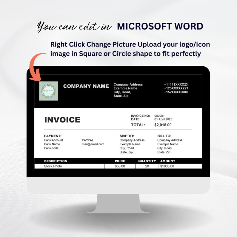 Editable Invoice Template for Small Business - Microsoft Word Invoice ...
