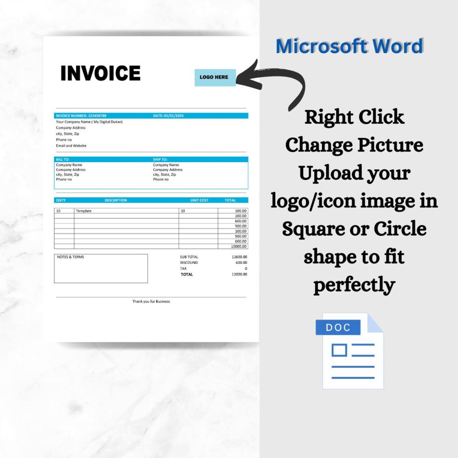 Microsoft Word Invoice Template Invoice Editable Template Fillable PDF ...