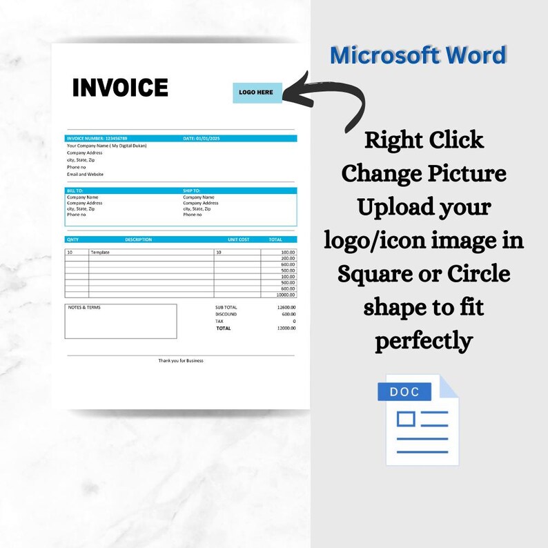 Microsoft Word Invoice Template Invoice Editable Template Fillable PDF ...