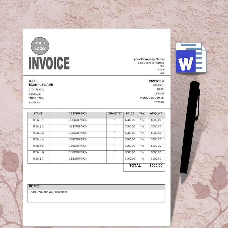 Editable Invoice Template: Construction Billing for MS Word (instant ...