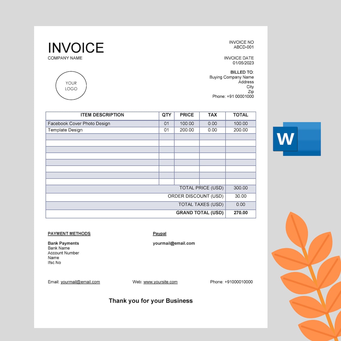 Microsoft Word Invoice Template - Printable Invoice Template - Invoice ...