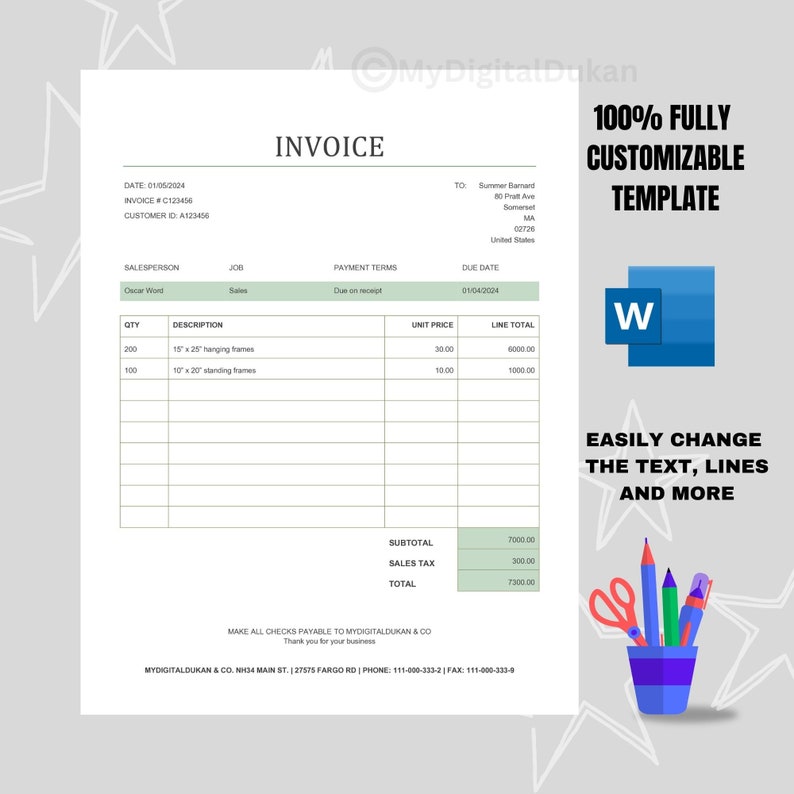 Editable Invoice Template: Minimalist Design for MS Word (instant ...
