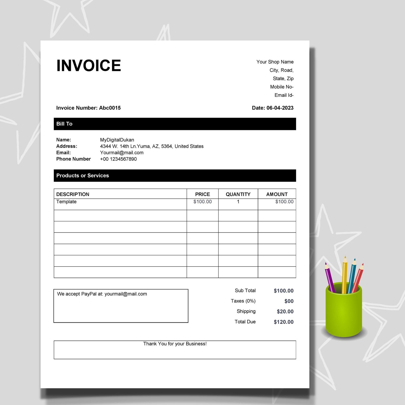 Editable Invoice Template PDF | Microsoft Word Invoice for Freelancers ...