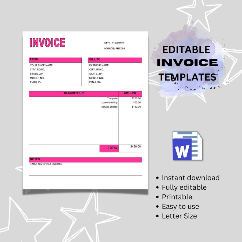 Editable Invoice Template: MS Word, Google Docs (instant Download) - Etsy