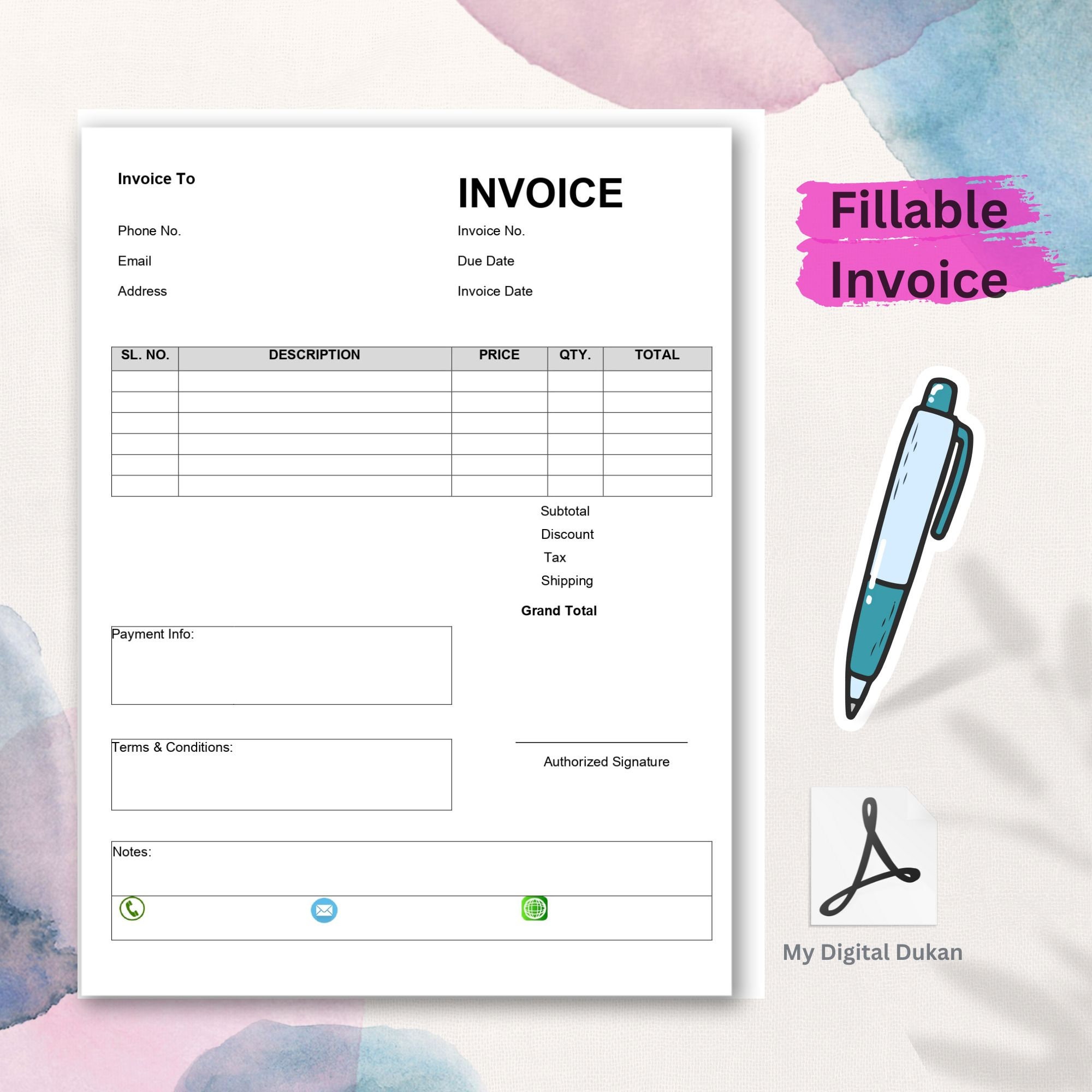 Fillable Invoice Form, Invoice Template for Small Business, Blank ...