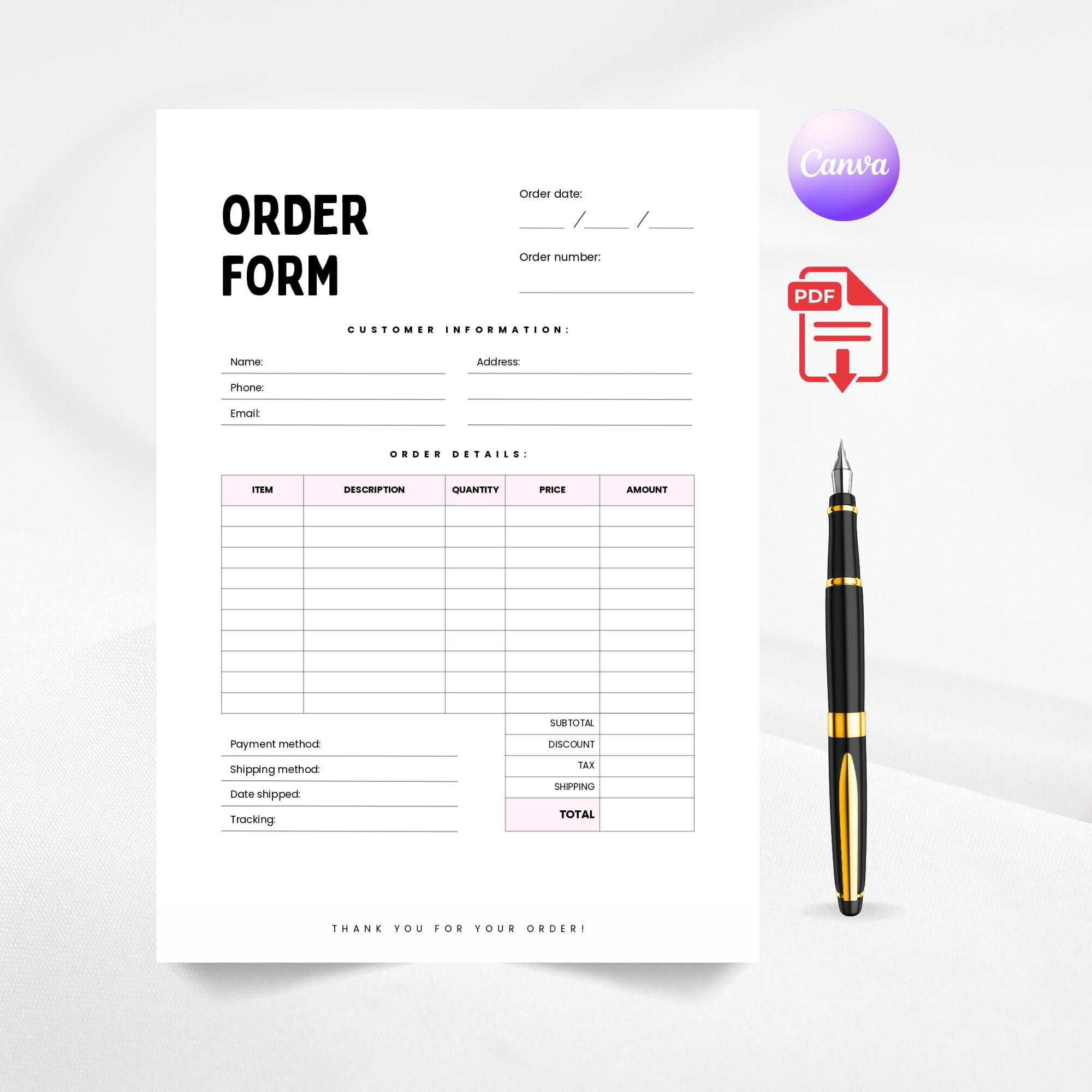 Editable Order Form Template: Canva & Fillable PDF for Small Business ...