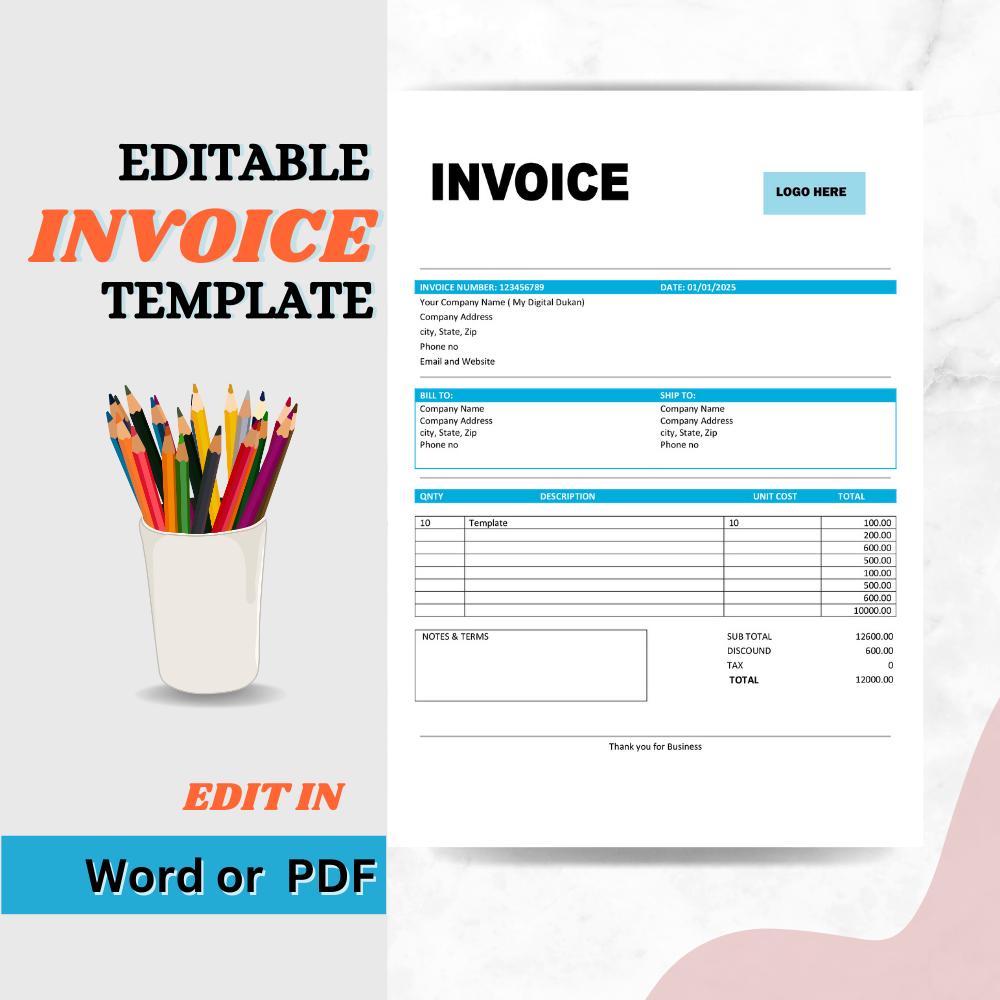 Microsoft Word Invoice Template Invoice Editable Template Fillable PDF ...