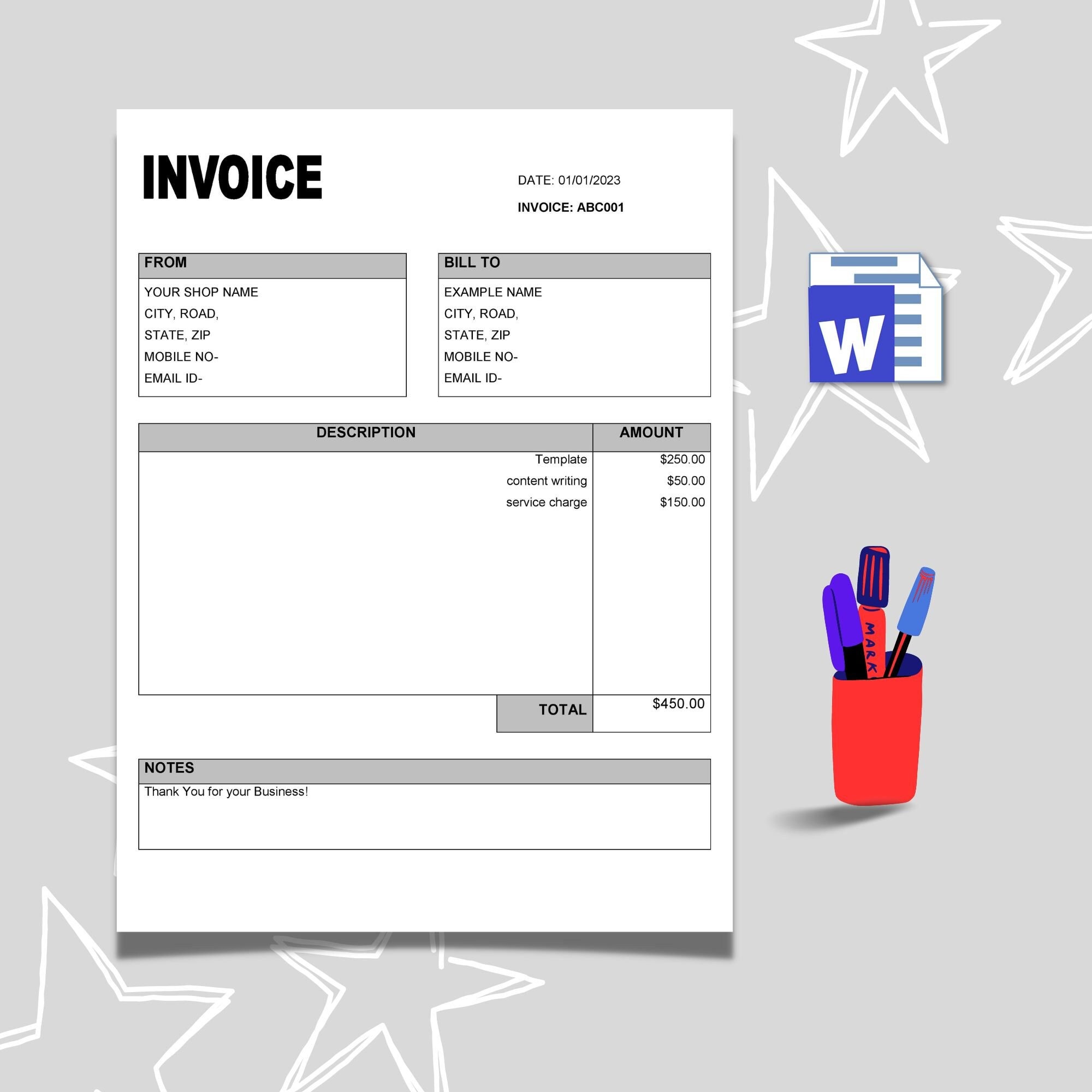 Editable Invoice Template: MS Word, Google Docs (instant Download) - Etsy