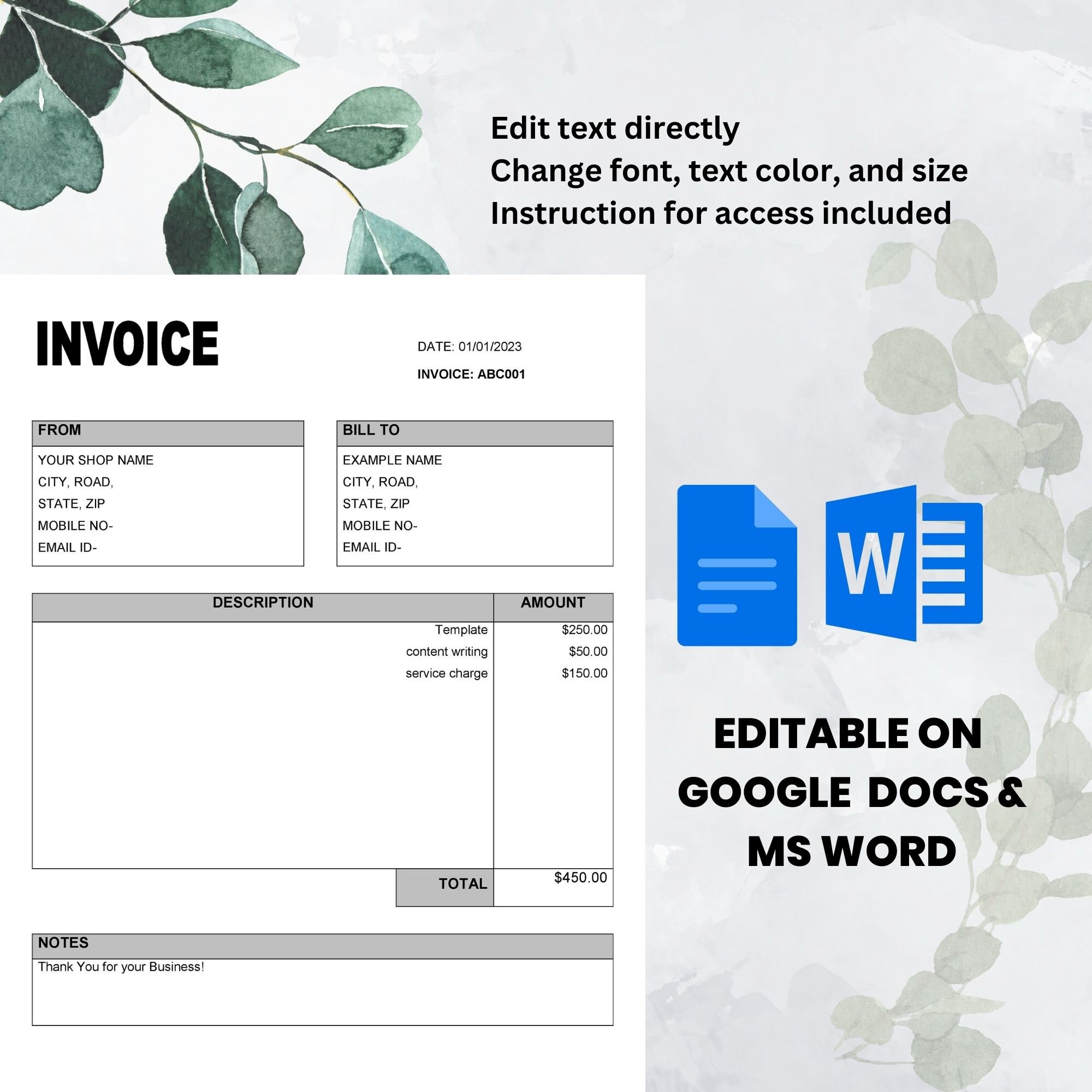 Editable Invoice Template: MS Word & Google Docs (digital Download) - Etsy