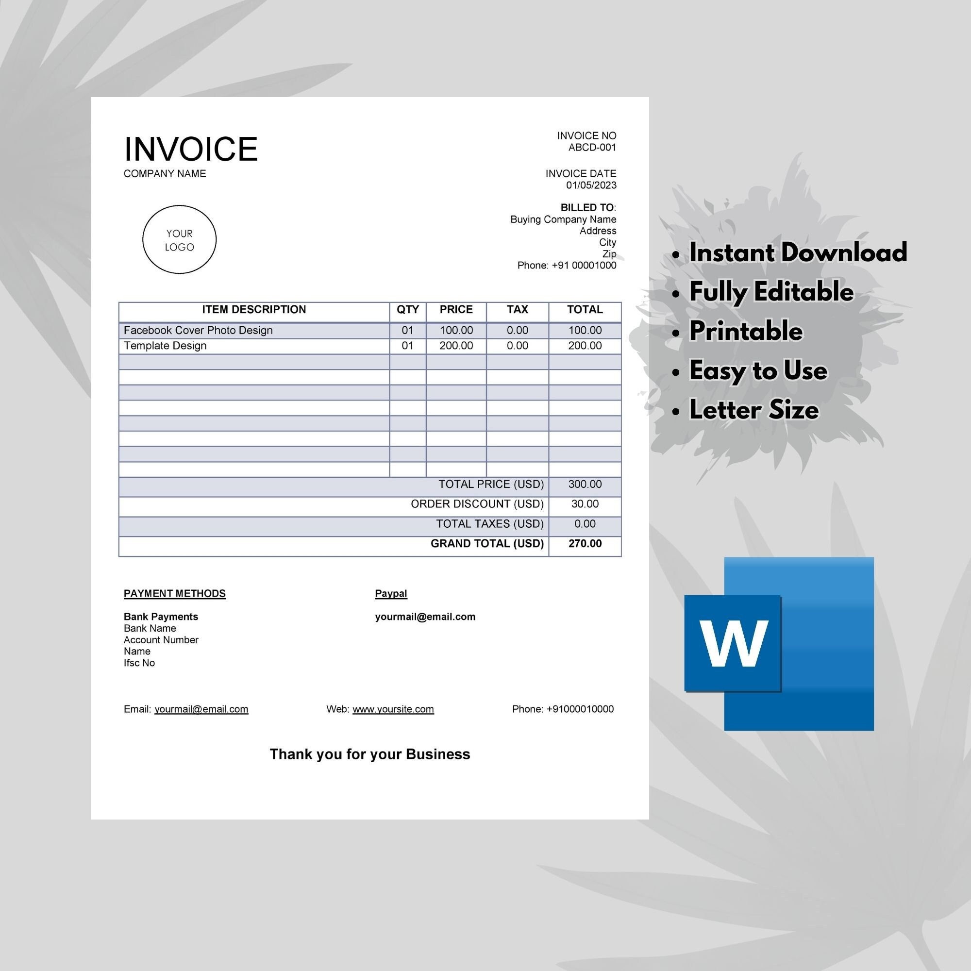 Editable Invoice Template: Printable Business Form (MS Word) - Etsy