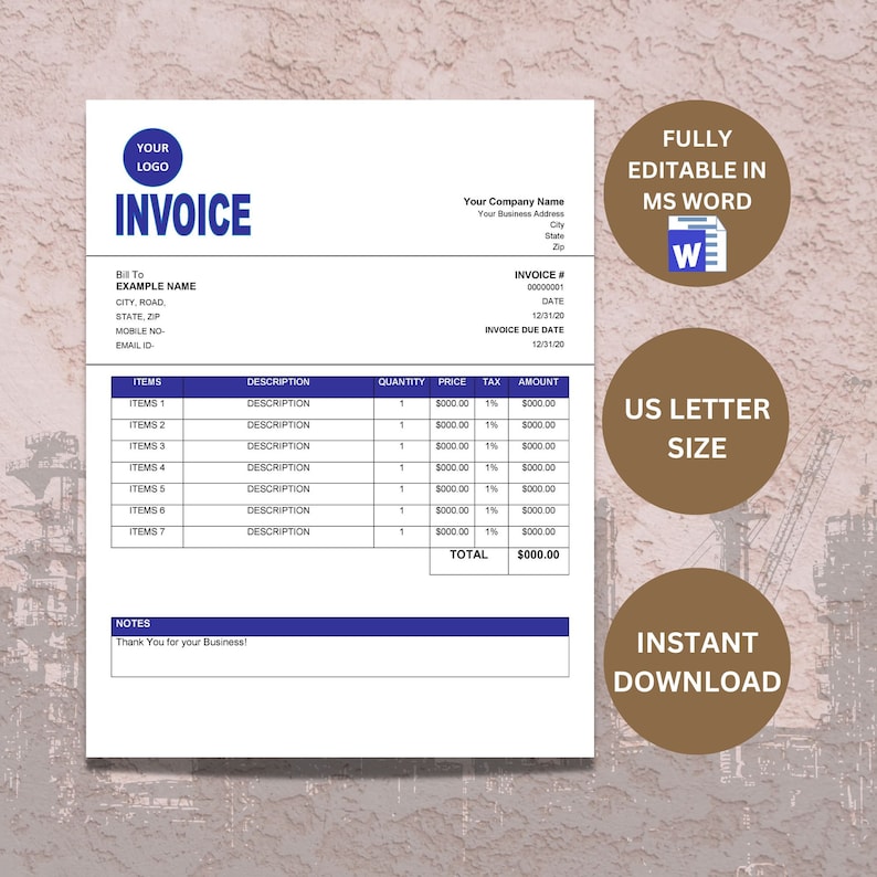 Editable Invoice Template: Construction Billing for MS Word (instant ...