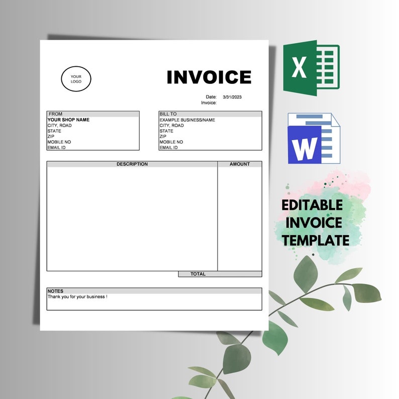 Invoice Template Excel Microsoft Word Invoice Template - Etsy
