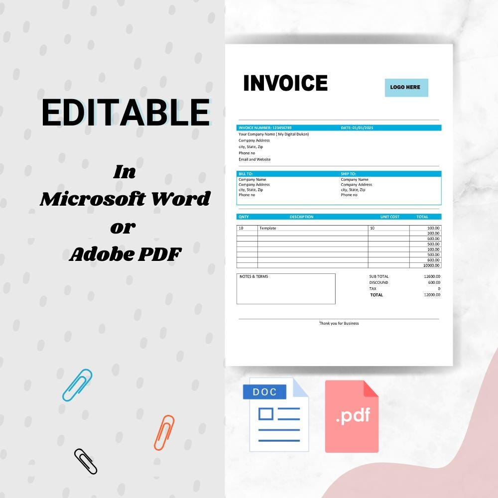 Microsoft Word Invoice Template Invoice Editable Template Fillable PDF ...