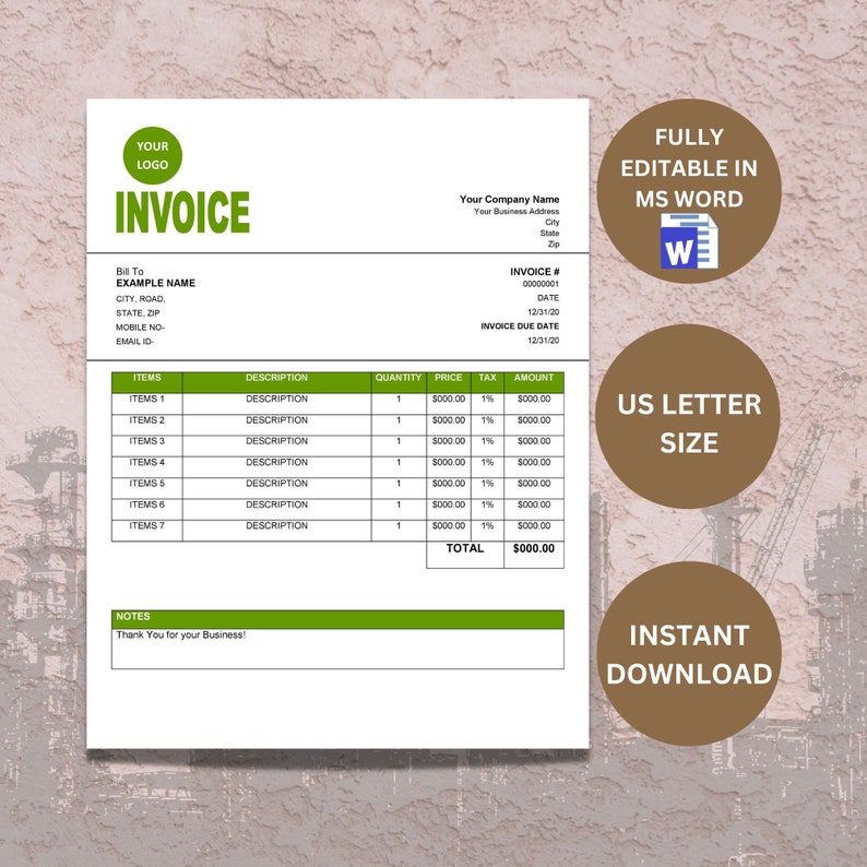 Editable Invoice Template: Construction Billing for MS Word (instant ...