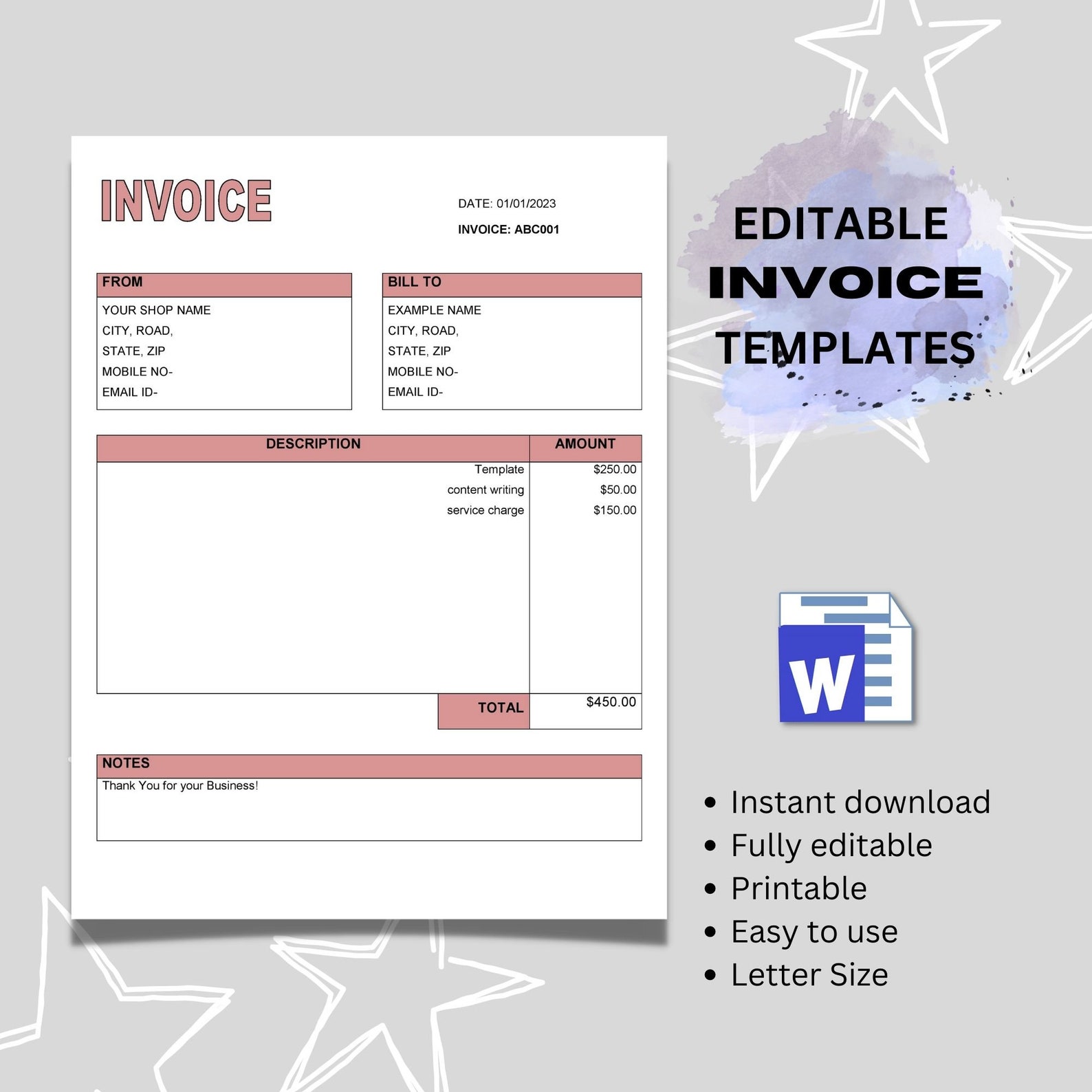 Editable Invoice Template: MS Word, Google Docs (instant Download) - Etsy