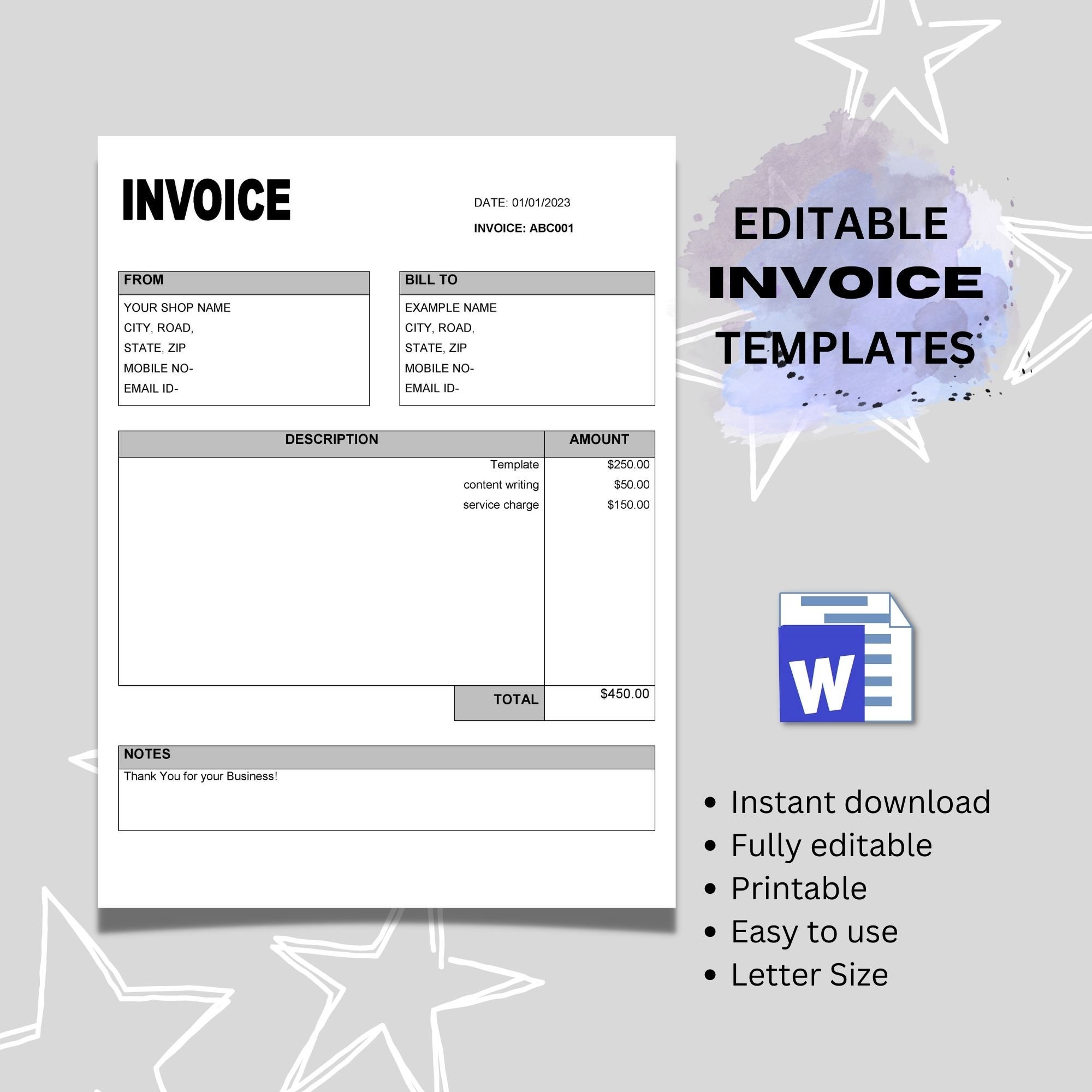 Editable Invoice Template: MS Word, Google Docs (instant Download) - Etsy