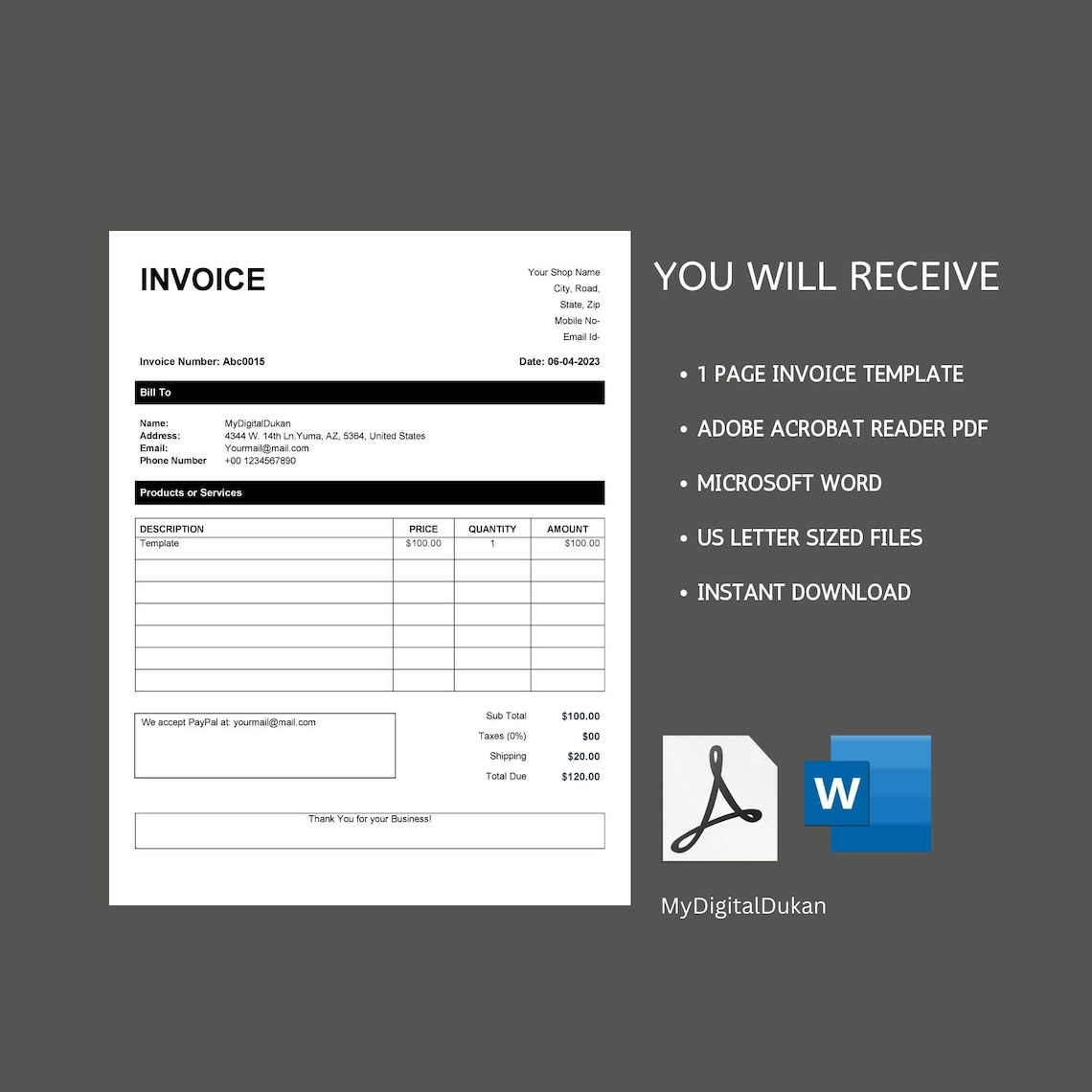 Editable Invoice Template PDF | Microsoft Word Invoice for Freelancers ...