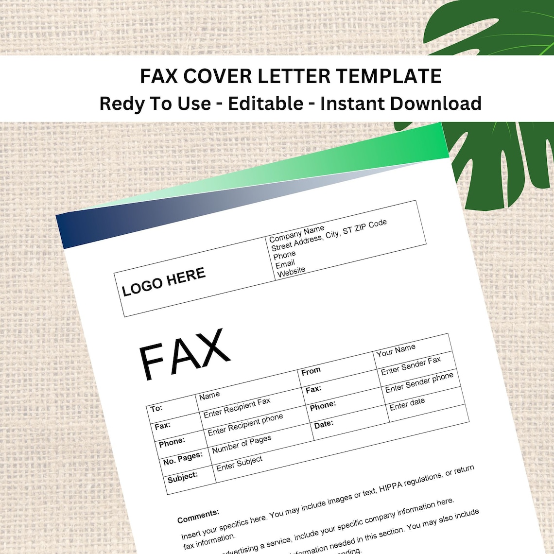 Professional Fax Cover Sheet Template (MS Word, US Letter) (instant ...