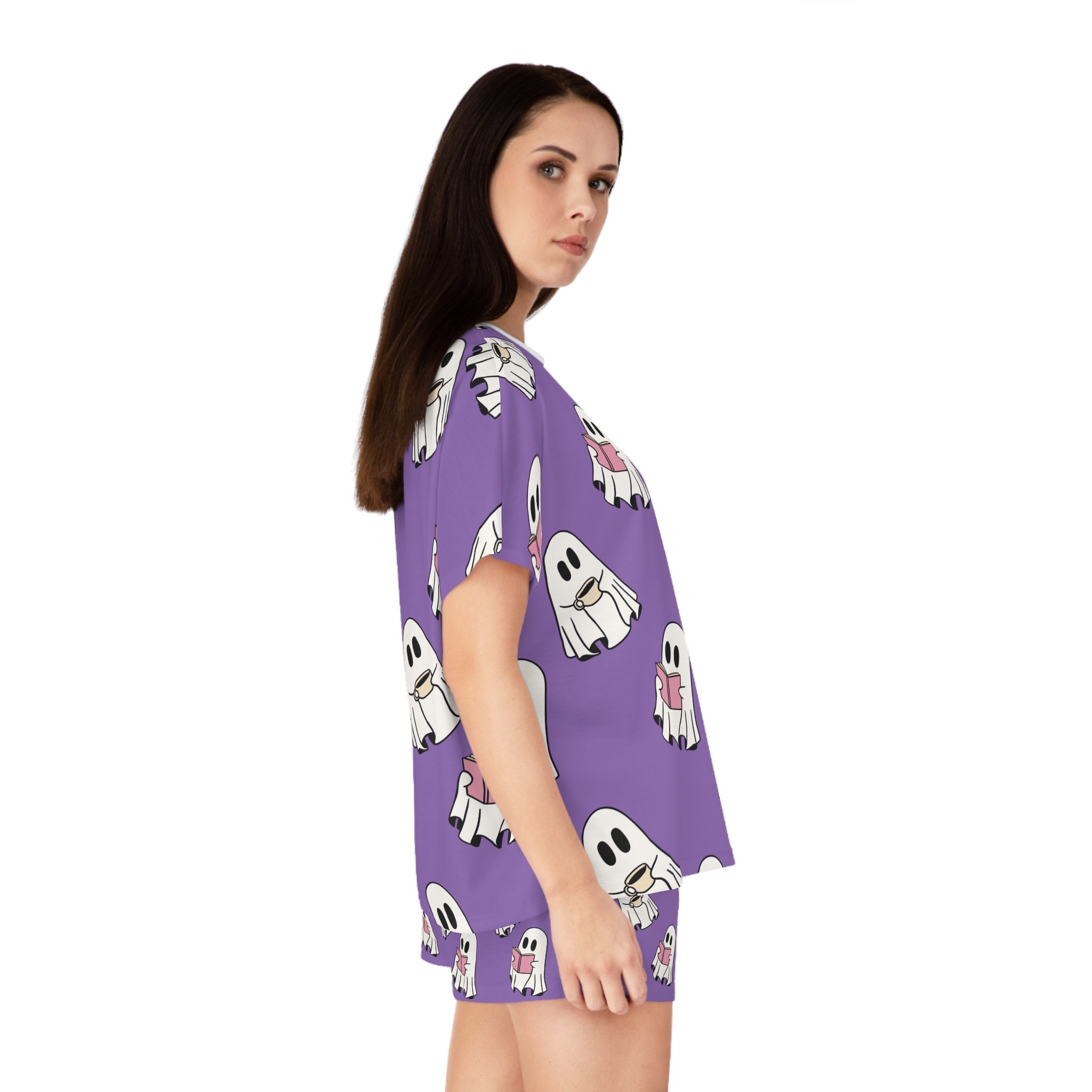 Women's Halloween Short Pajama Set, Cute Purple Ghost Pajamas ...