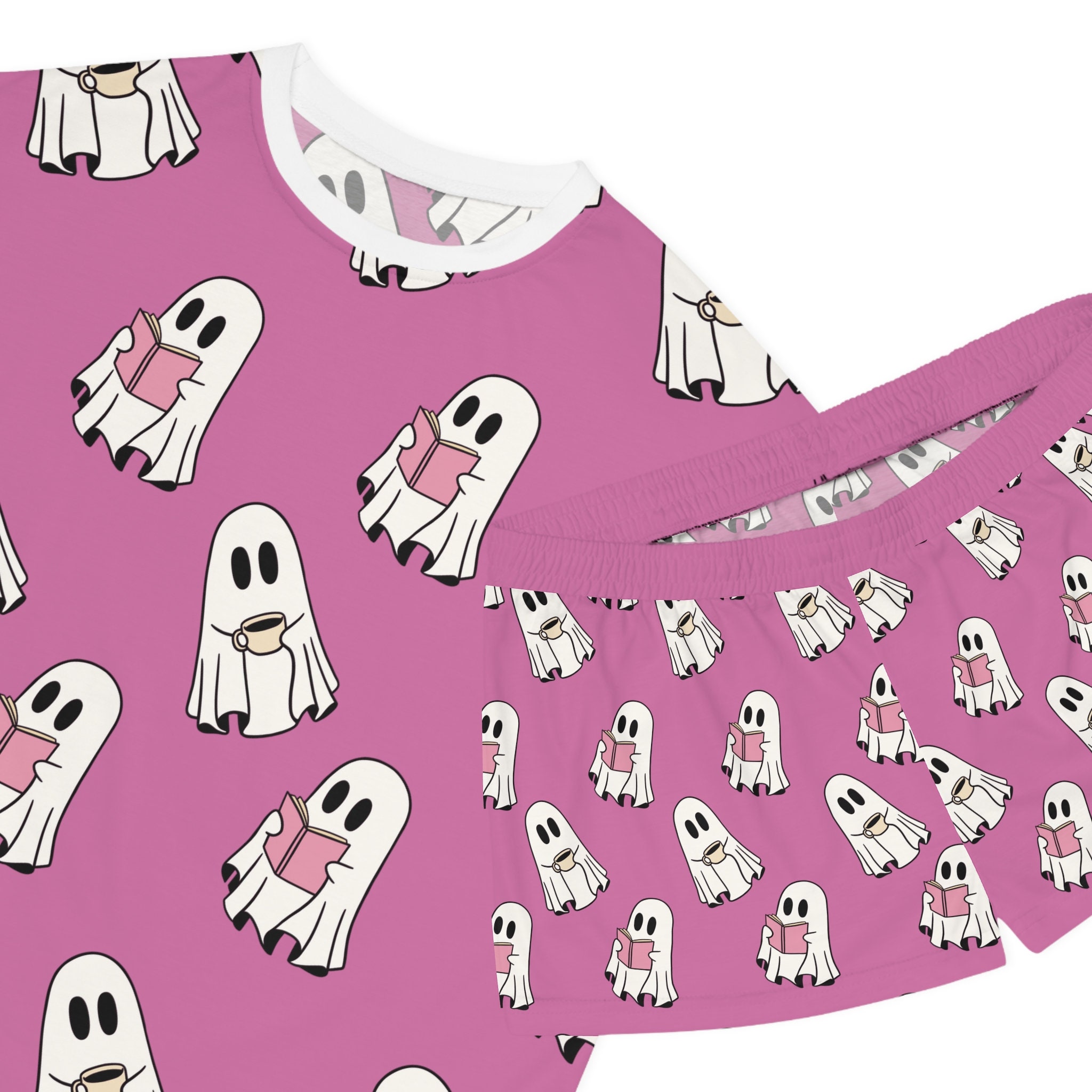 Women's Halloween Short Pajama Set, Cute Pink Ghost Pajamas, Halloween ...