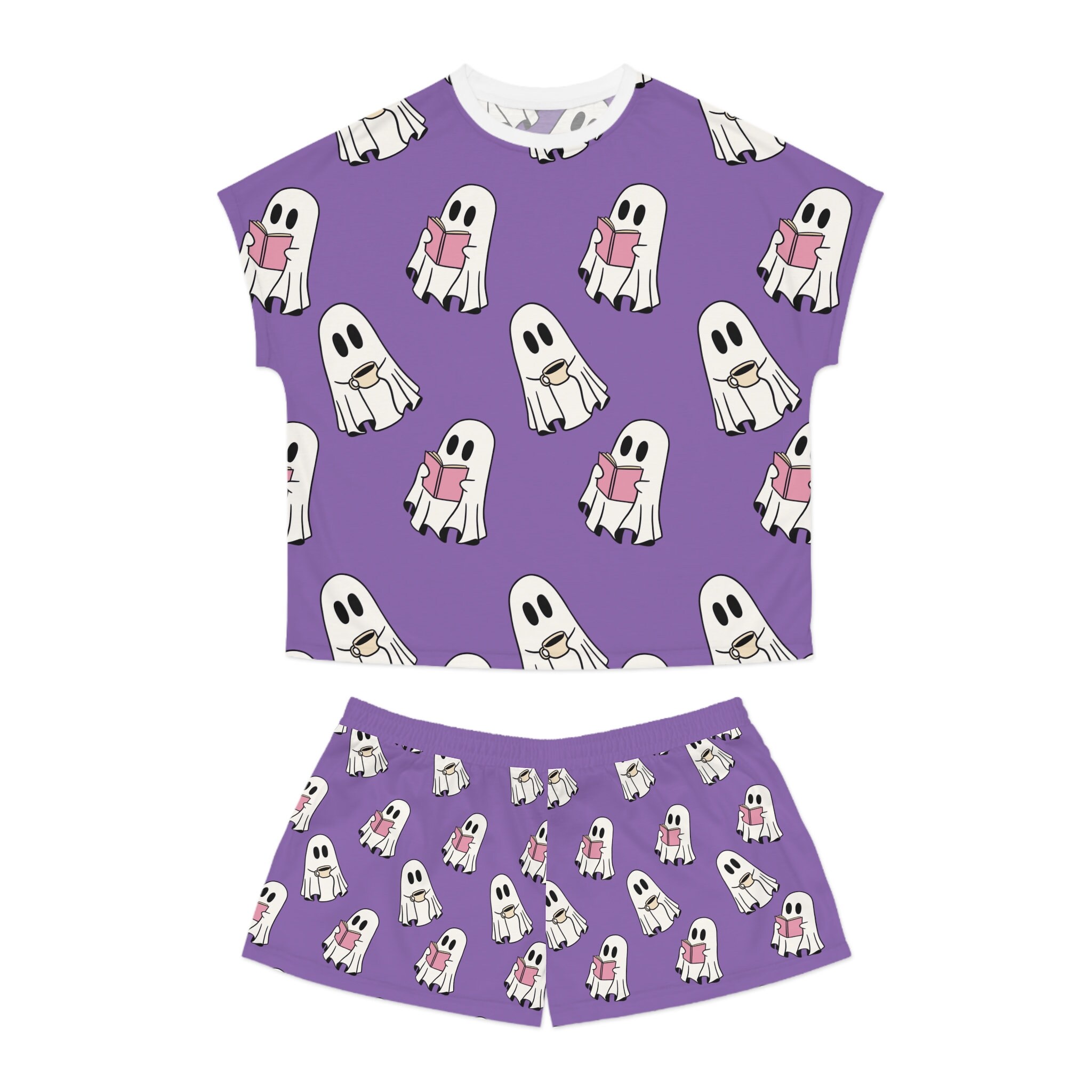 Women's Halloween Short Pajama Set, Cute Purple Ghost Pajamas ...