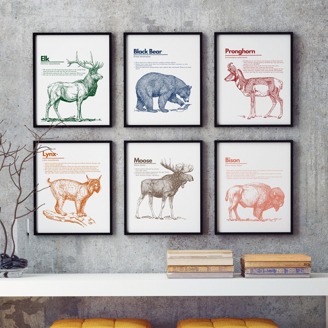 6 Unique Printable North American Animal Poster Collection. Elk, Moose ...