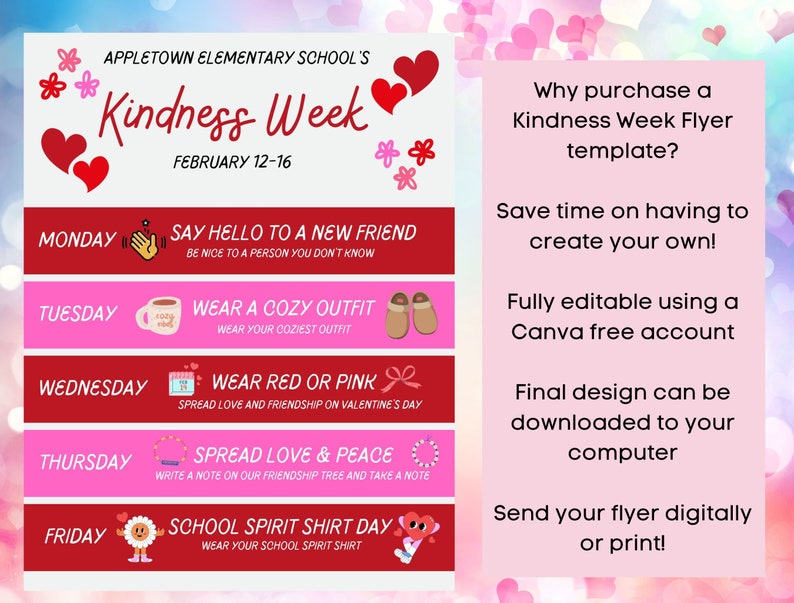 Kindness Week School Flyer: Printable Activity Schedule (canva Template ...