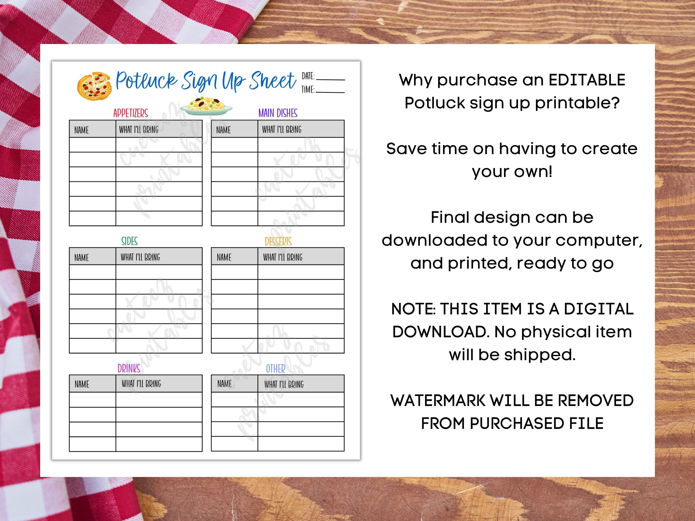 EDITABLE Potluck Sign up Sheet Printable for Potluck Party - Etsy