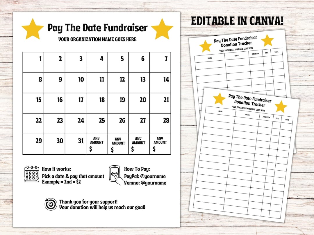 Pick a Date to Donate, Pay the Date Fundraiser, Editable Calendar ...