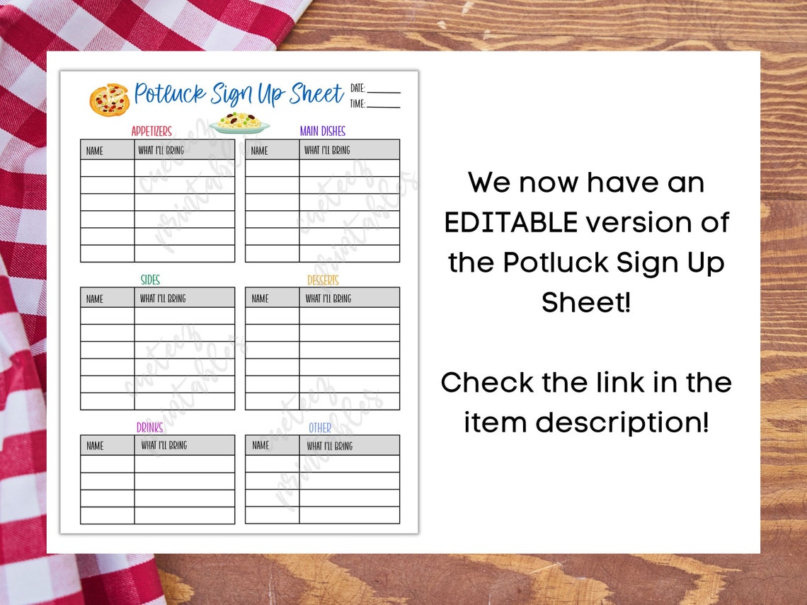 Potluck Sign up Sheet, Printable for Potluck Party, Sign up for Potluck ...