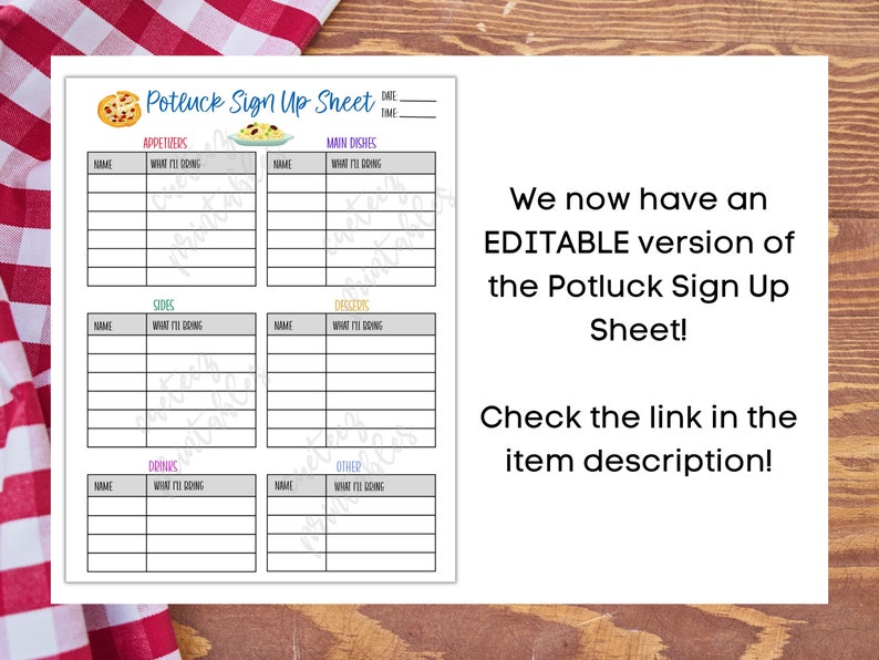 Potluck Sign-up Sheet, Printable Party List (PDF) - Etsy