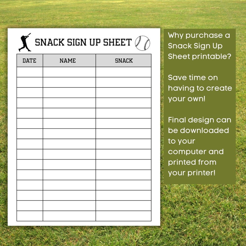Printable Baseball Snack Sign up Sheet: Sports Team Template (digital ...